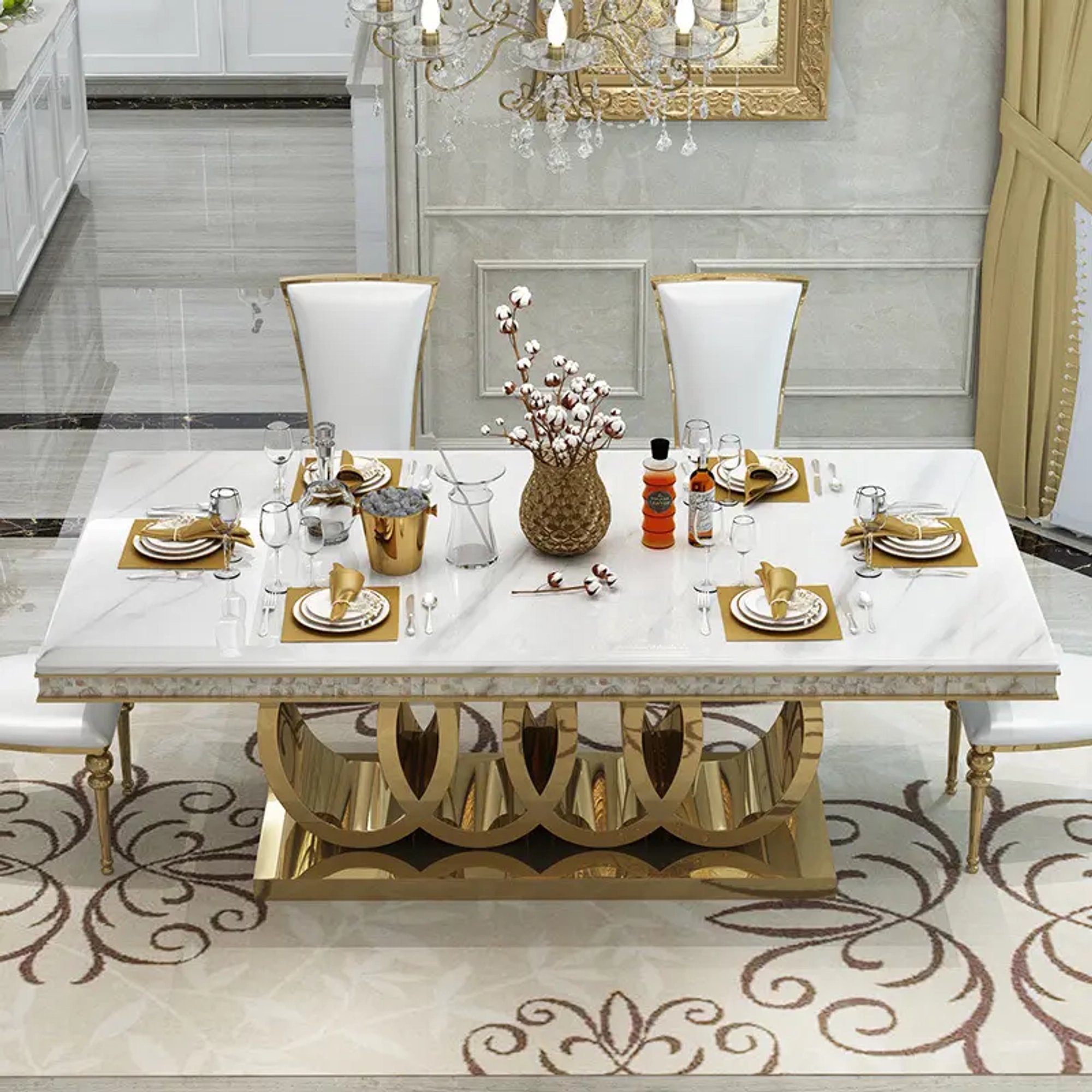 4 Seater Audi Luxurious Gold Stainless Steel Dining Table with Marble ...