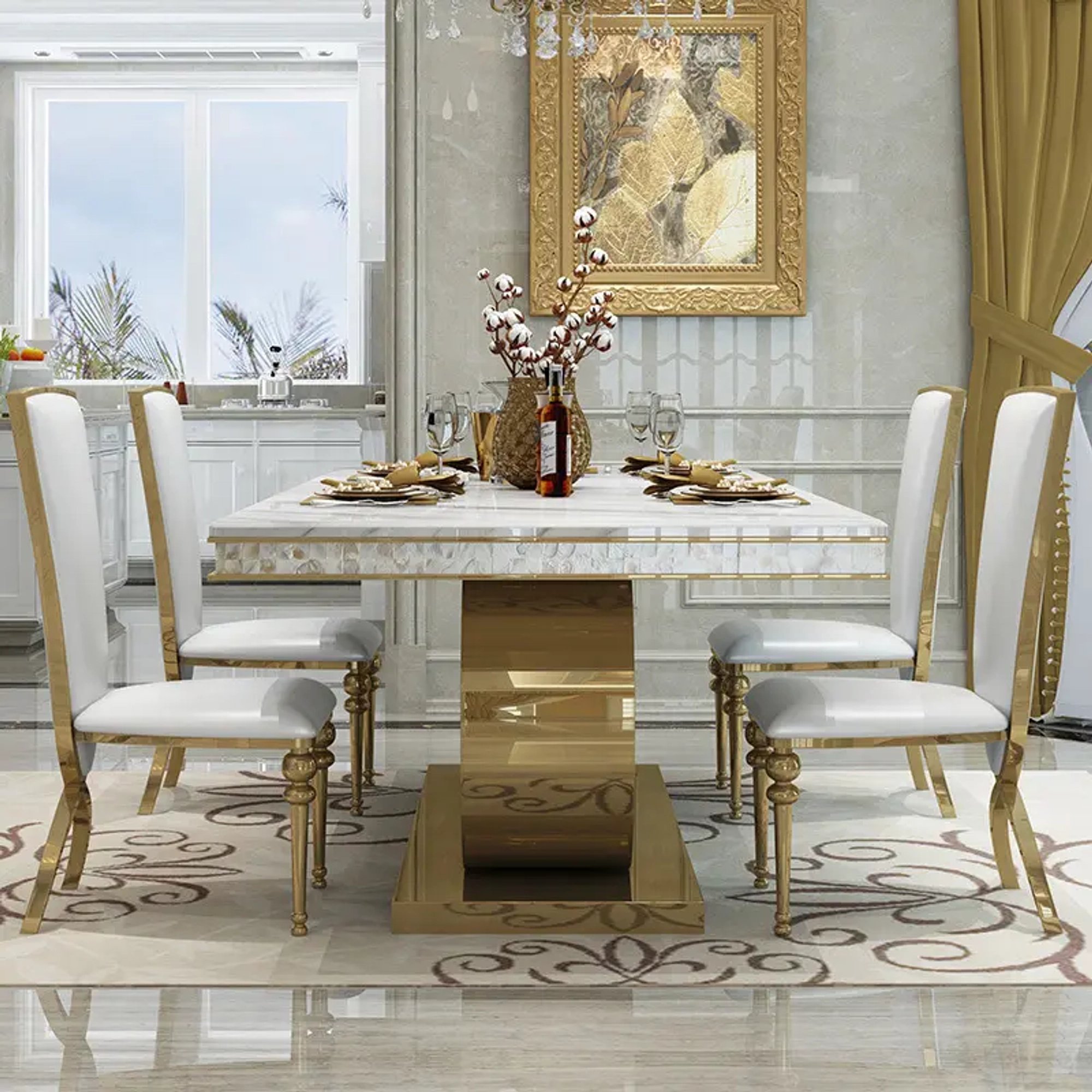 4 Seater Audi Luxurious Gold Stainless Steel Dining Table with Marble ...