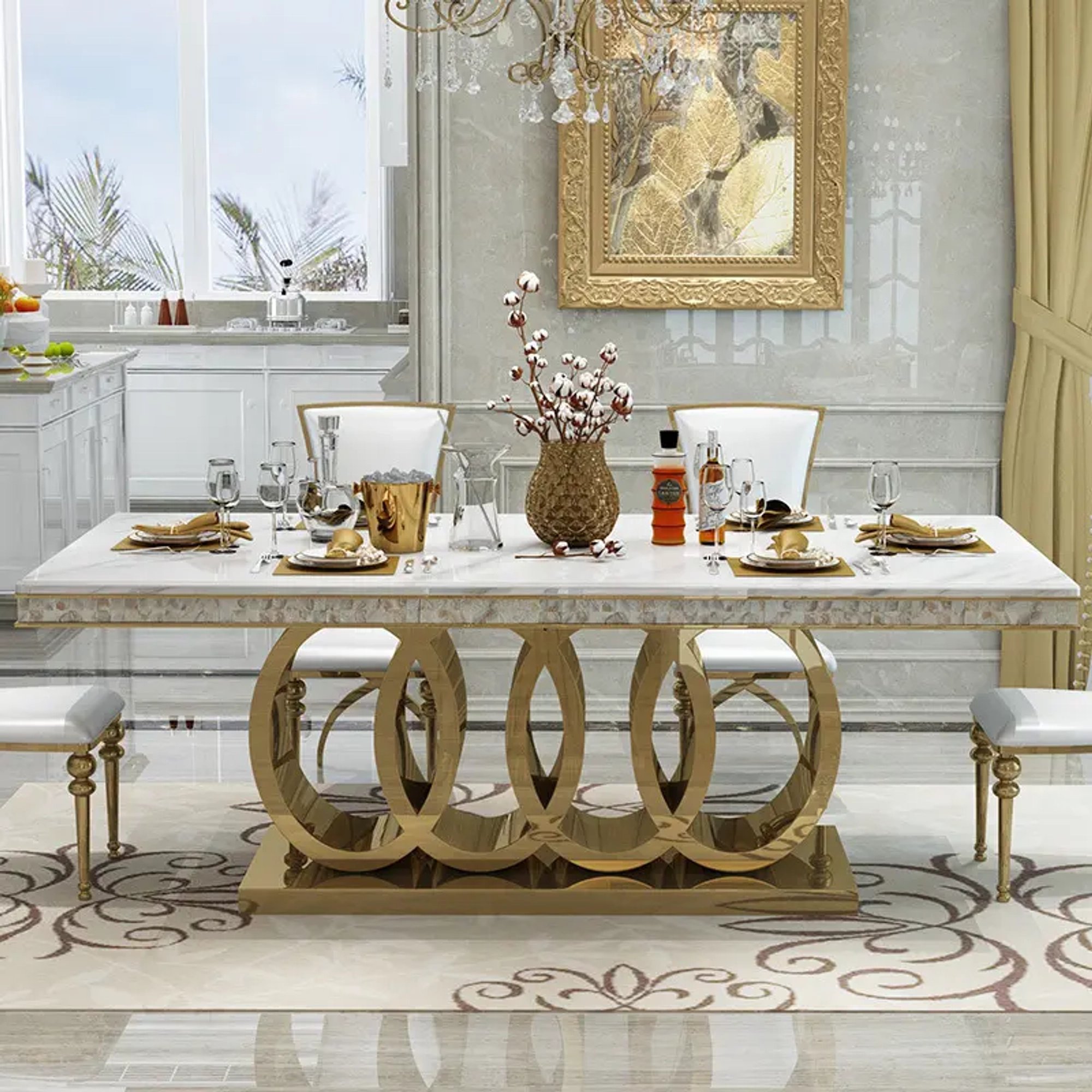 4 Seater Audi Luxurious Gold Stainless Steel Dining Table with Marble ...