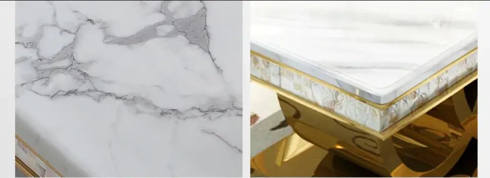 4 Seater Audi Luxurious Gold Stainless Steel Dining Table with Marble ...